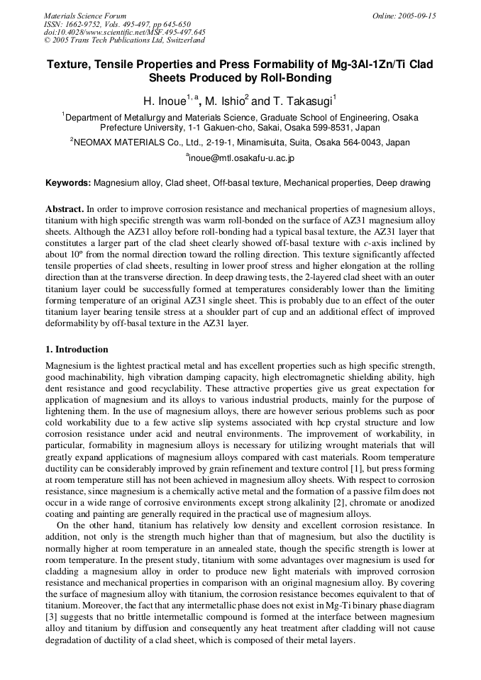 Texture, Tensile Properties and Press Formability of Mg-3Al-1Zn/Ti Clad ...