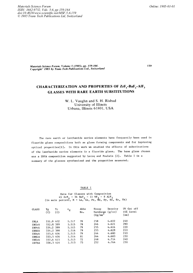 Characterization and Properties of ZrF4-BaF2-AIF3 Glasses with Rare ...