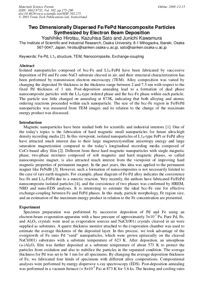 Two Dimensionally Dispersed Fe/FePd Nanocomposite Particles Synthesized ...