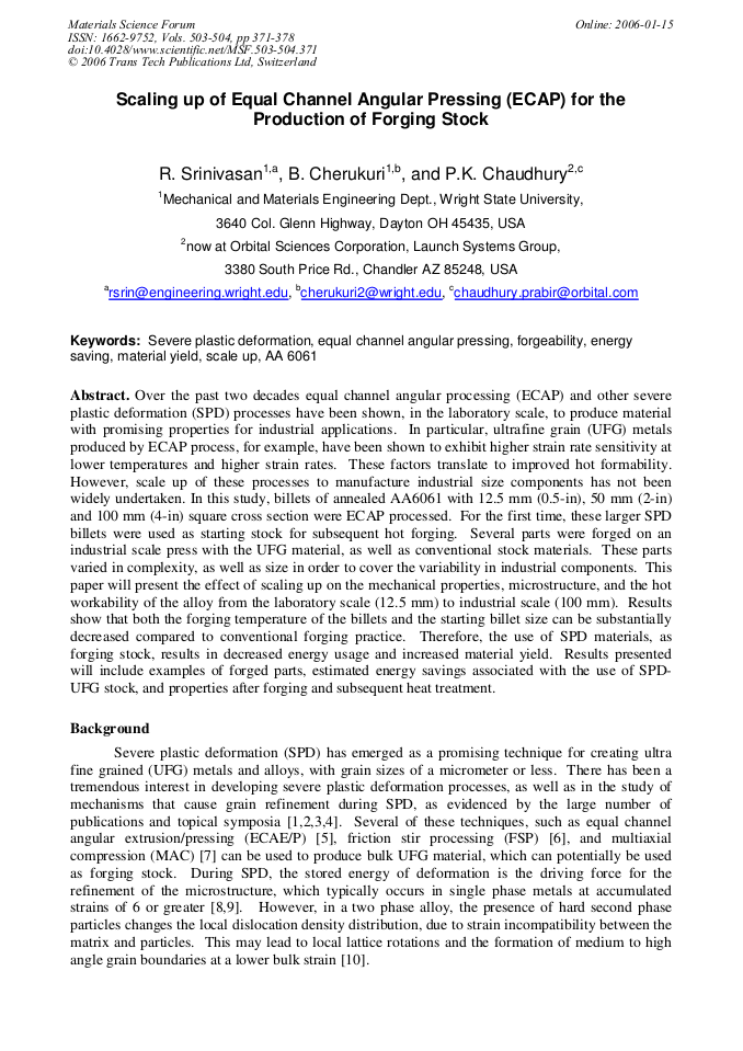 Scaling up of Equal Channel Angular Pressing (ECAP) for the Production of Forging Stock ...
