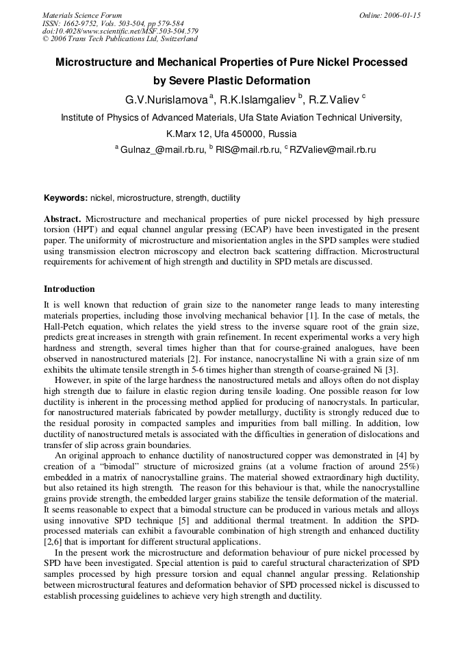 Microstructure and Mechanical Properties of Pure Nickel Processed by ...