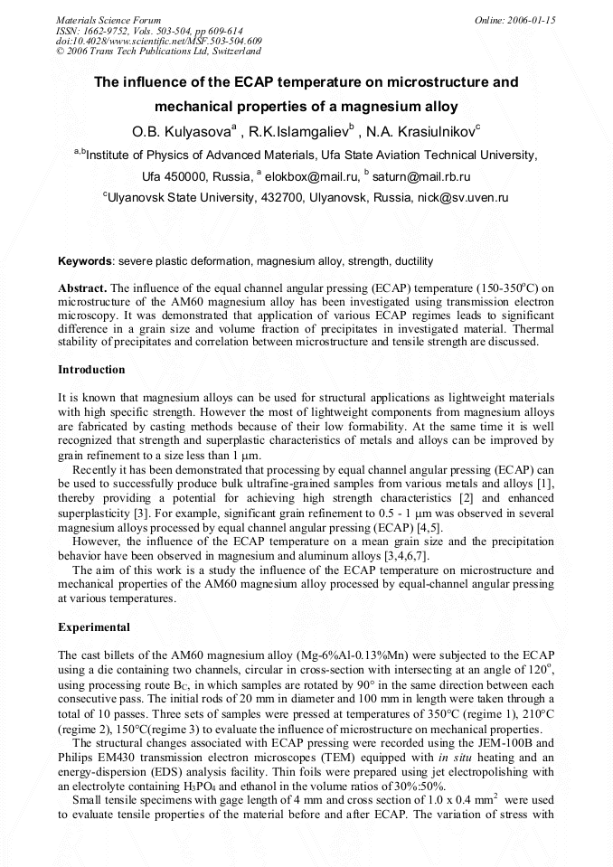 The Influence of the ECAP Temperature on Microstructure and Mechanical Properties of a Magnesium ...