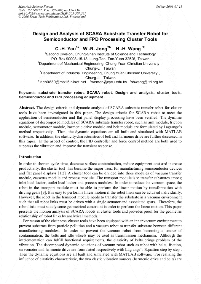 Design and Analysis of SCARA Substrate Transfer Robot for Semiconductor ...