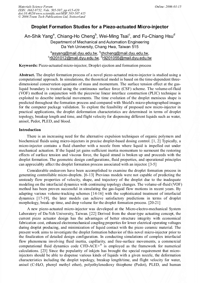 Droplet Formation Studies for a Piezo-Actuated Micro-Injector ...
