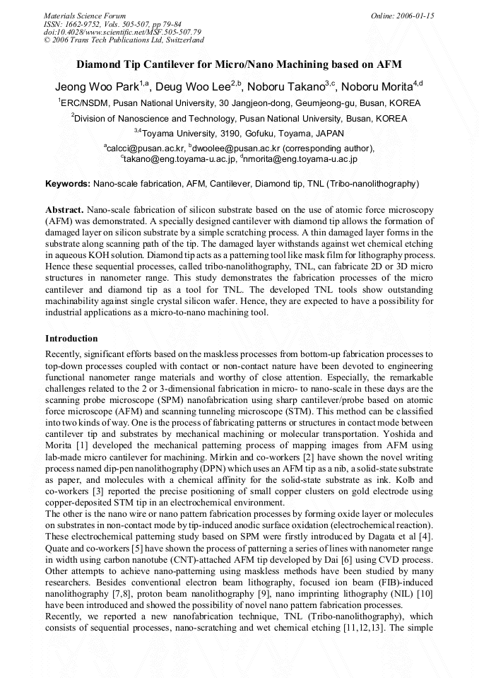 Diamond Tip Cantilever for Micro/Nano Machining Based on AFM ...