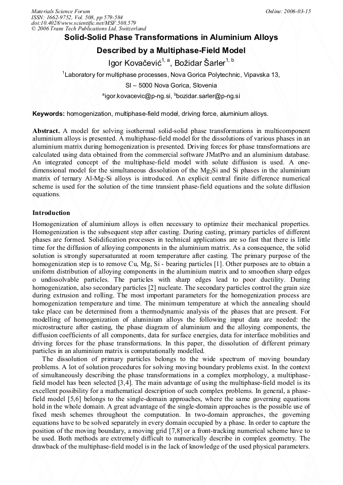 Solid-Solid Phase Transformations in Aluminium Alloys Described by a Multiphase-Field Model ...