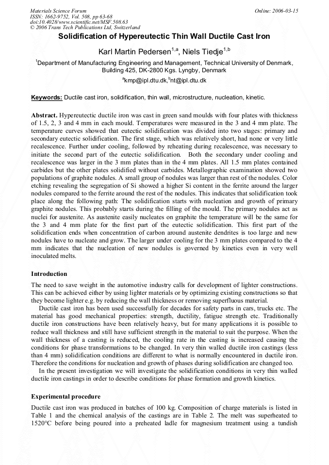 Solidification of Hypereutectic Thin Wall Ductile Cast Iron ...