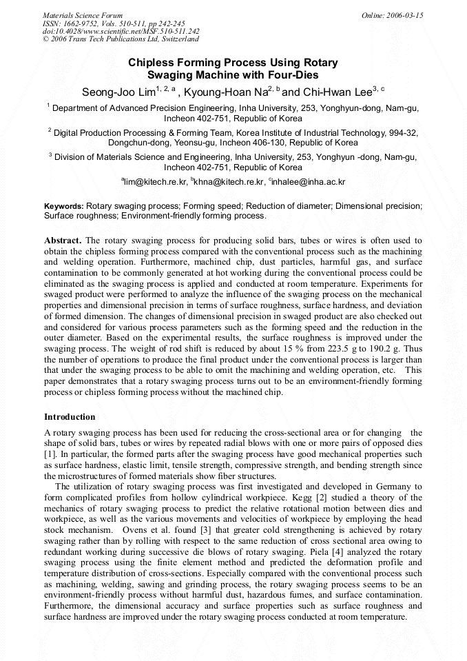 Chipless Forming Process Using Rotary Swaging Machine with Four-Dies ...