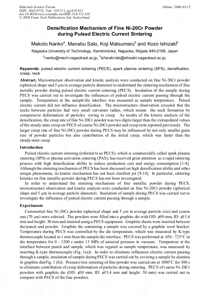 Densification Mechanism of Fine Ni-20Cr Powder during Pulsed Electric ...