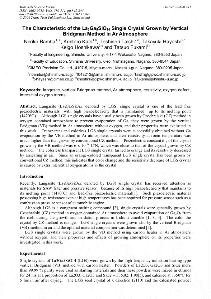 The Characteristic of the La3Ga5SiO14 Single Crystal Grown by Vertical ...