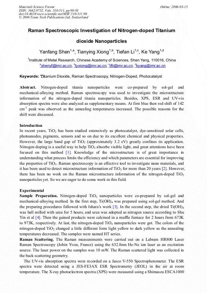 Raman Spectroscopic Investigation of Nitrogen-Doped Titanium Dioxide ...