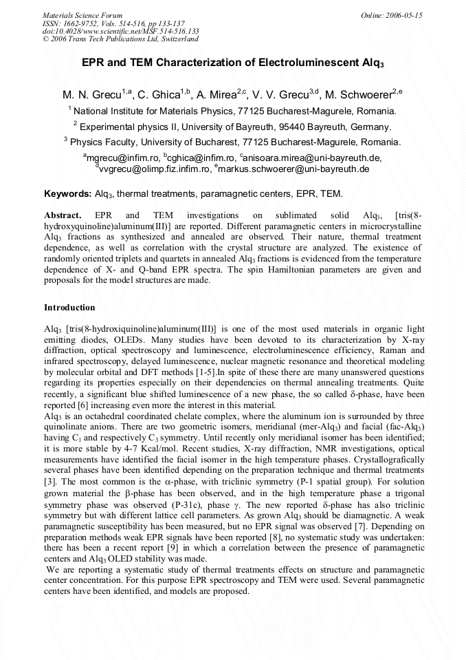 EPR and TEM Characterization of Electroluminescent Alq3 | Scientific.Net