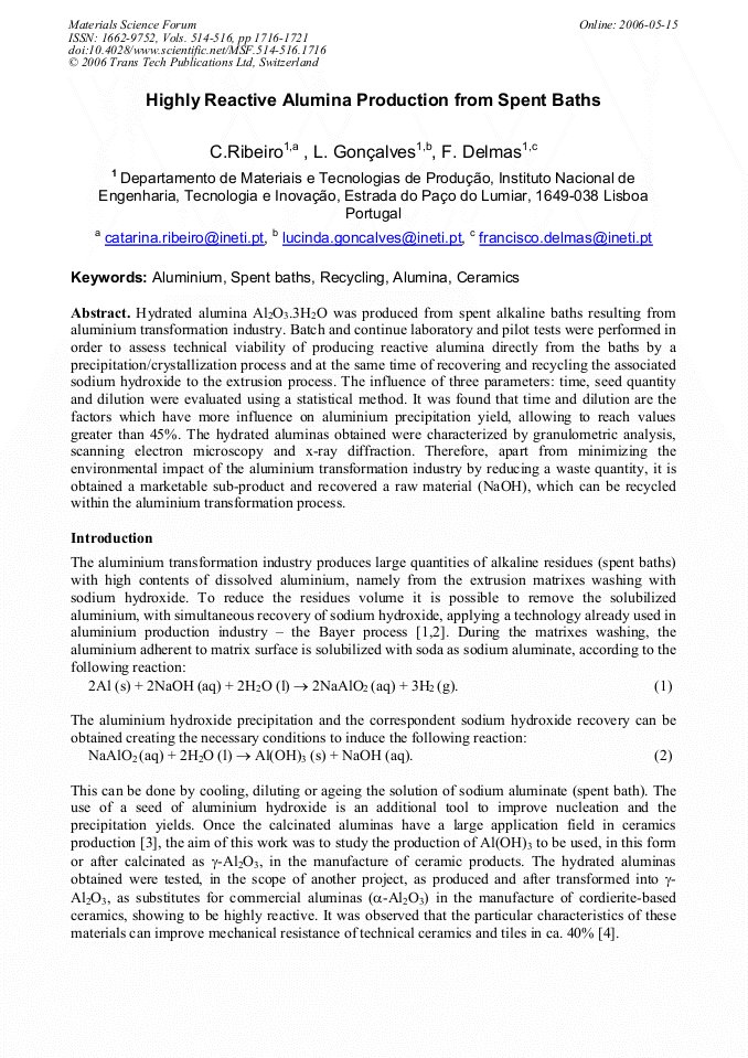 Highly Reactive Alumina Production from Spent Baths | Scientific.Net