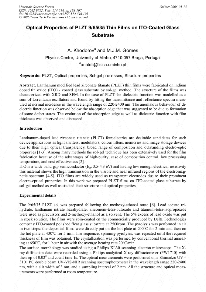 Optical Properties of PLZT 9/65/35 Thin Films on ITO-Coated Glass ...