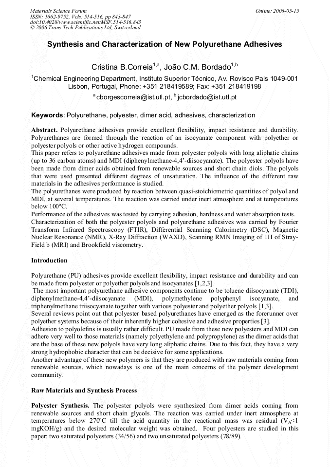Synthesis and Characterization of New Polyurethane Adhesives ...