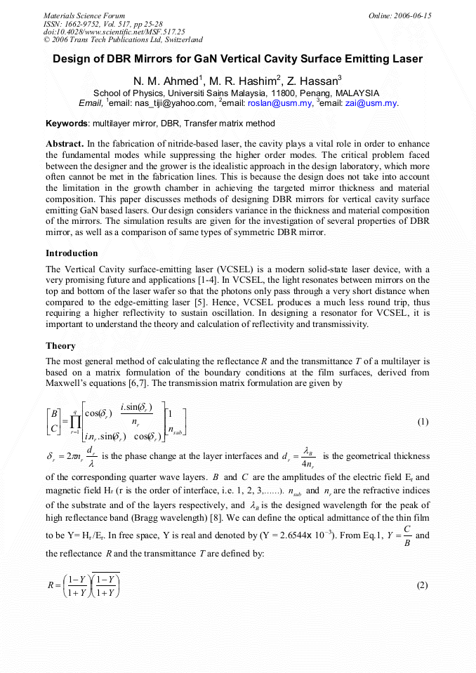 Design of DBR Mirrors for GaN Vertical Cavity Surface Emitting Laser ...