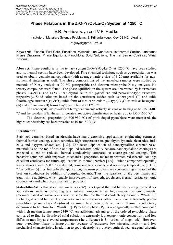 Phase Relations in the ZrO2-Y2O3-La2O3 System at 1250 °C | Scientific.Net