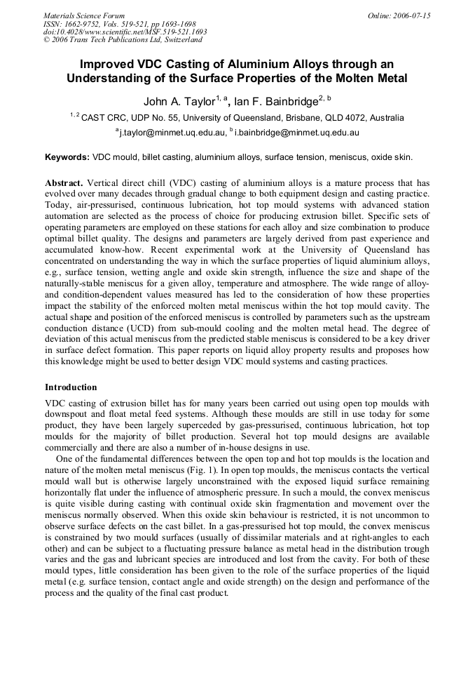 Improved VDC Casting of Aluminium Alloys through an Understanding of ...