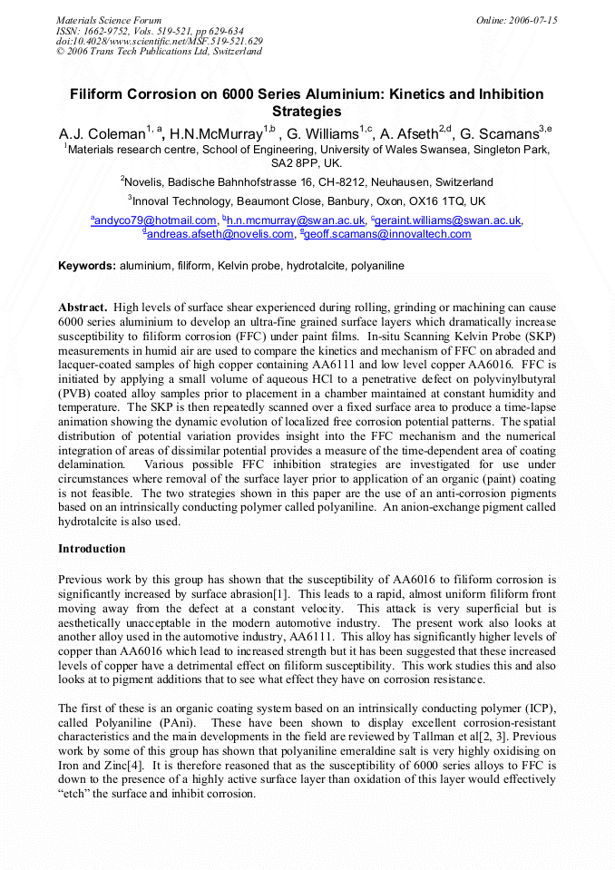 Filiform Corrosion on 6000 Series Aluminium: Kinetics and Inhibition ...