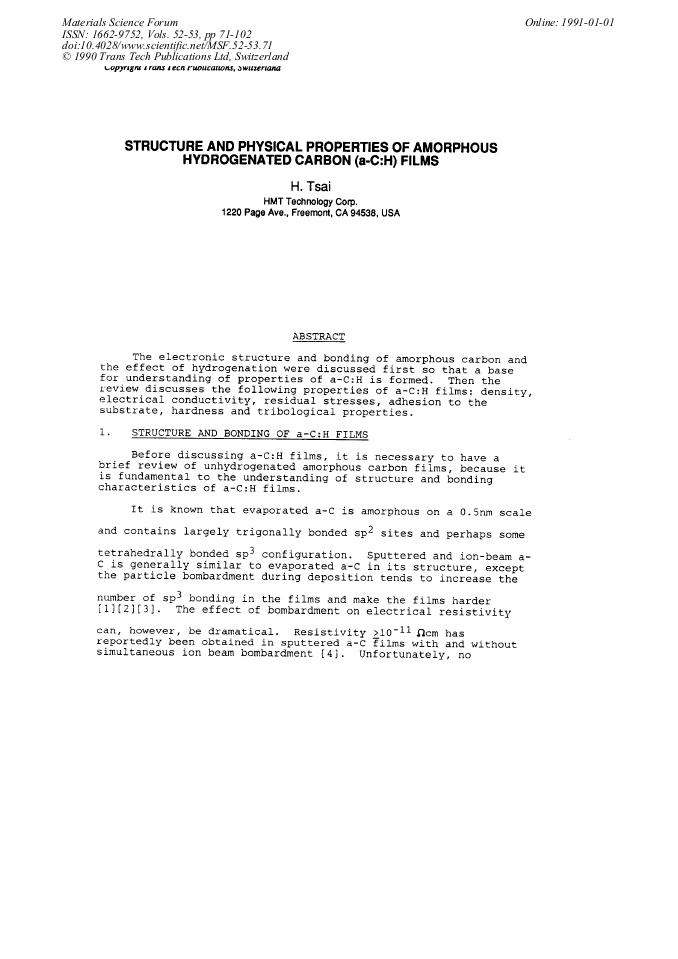 Structure and Physical Properties of Amorphous Hydrogenated Carbon (a-C ...