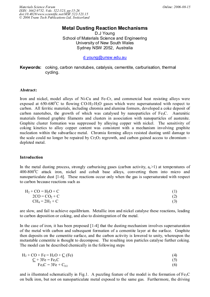 Metal Dusting Reaction Mechanisms | Scientific.Net