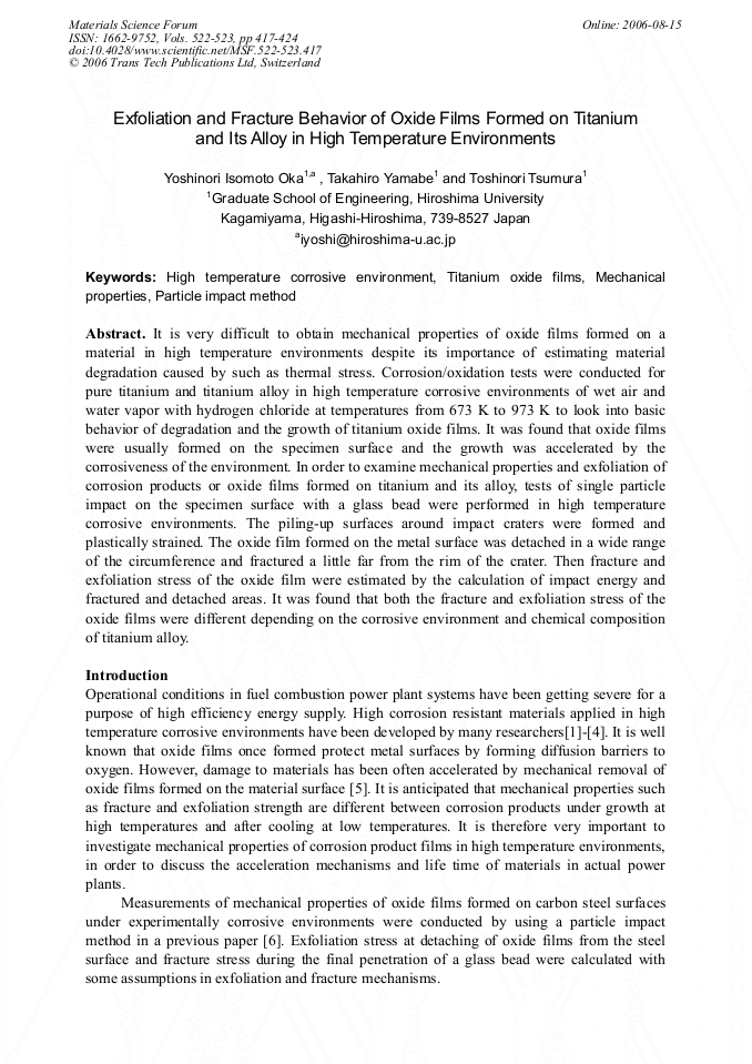Exfoliation and Fracture Behavior of Oxide Films Formed on Titanium and ...
