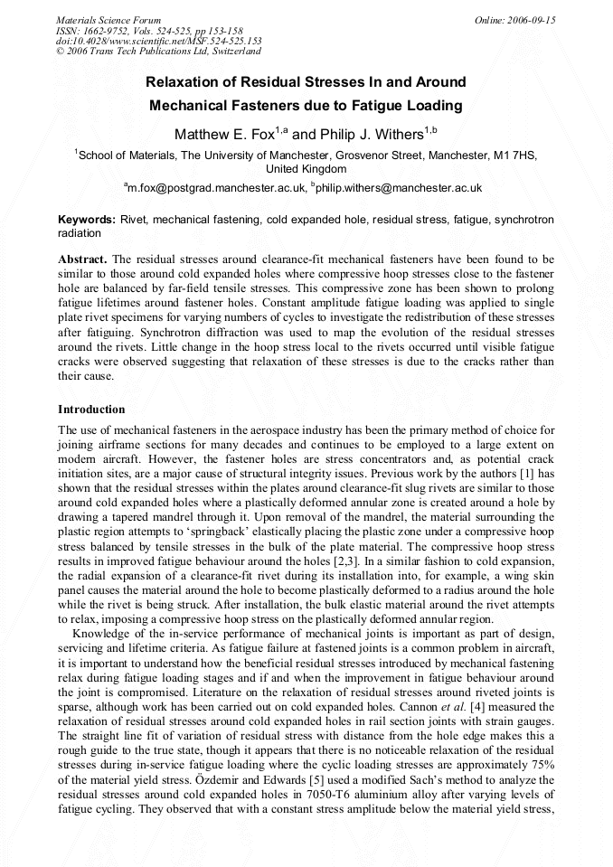 Relaxation of Residual Stresses in and around Mechanical Fasteners Due ...