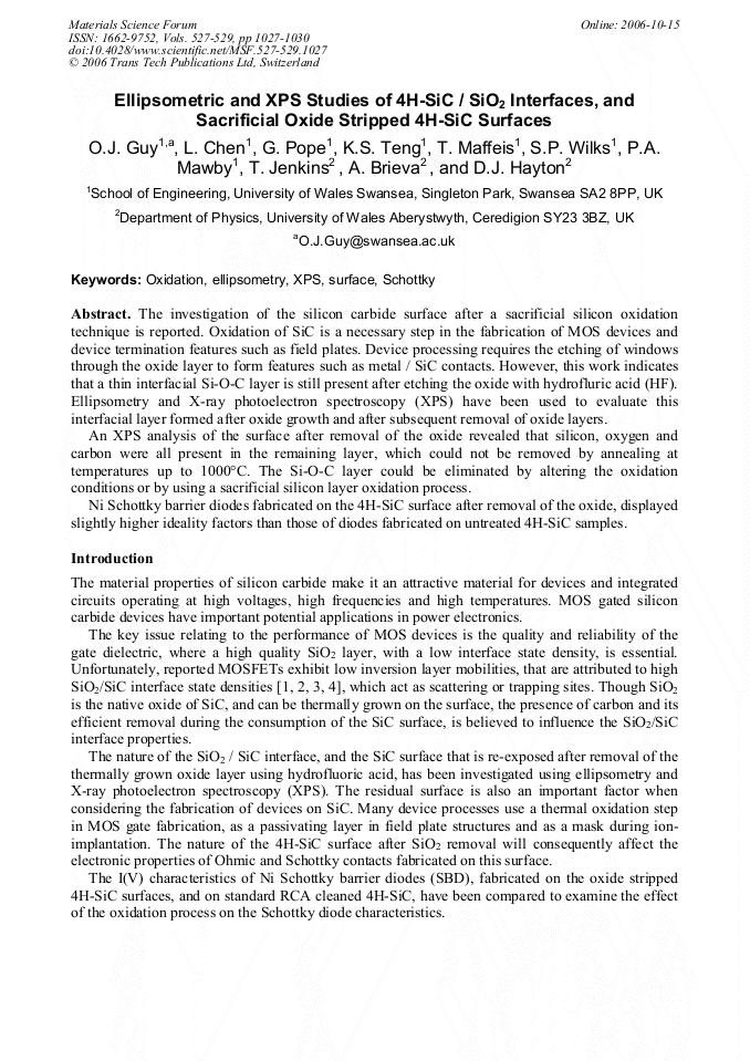 Ellipsometric and XPS Studies of 4H-SiC/SiO2 Interfaces, and ...