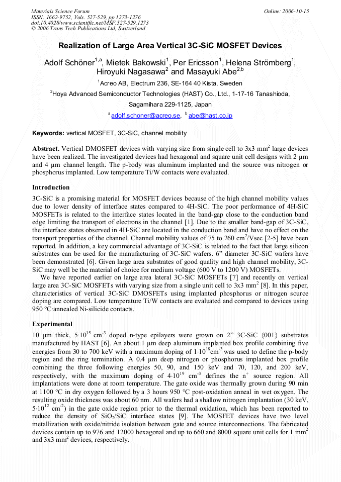 Realization of Large Area Vertical 3C-SiC MOSFET Devices | Scientific.Net