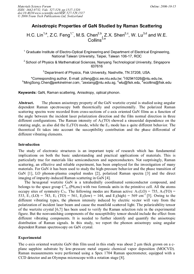 Anisotropic Properties of GaN Studied by Raman Scattering | Scientific.Net