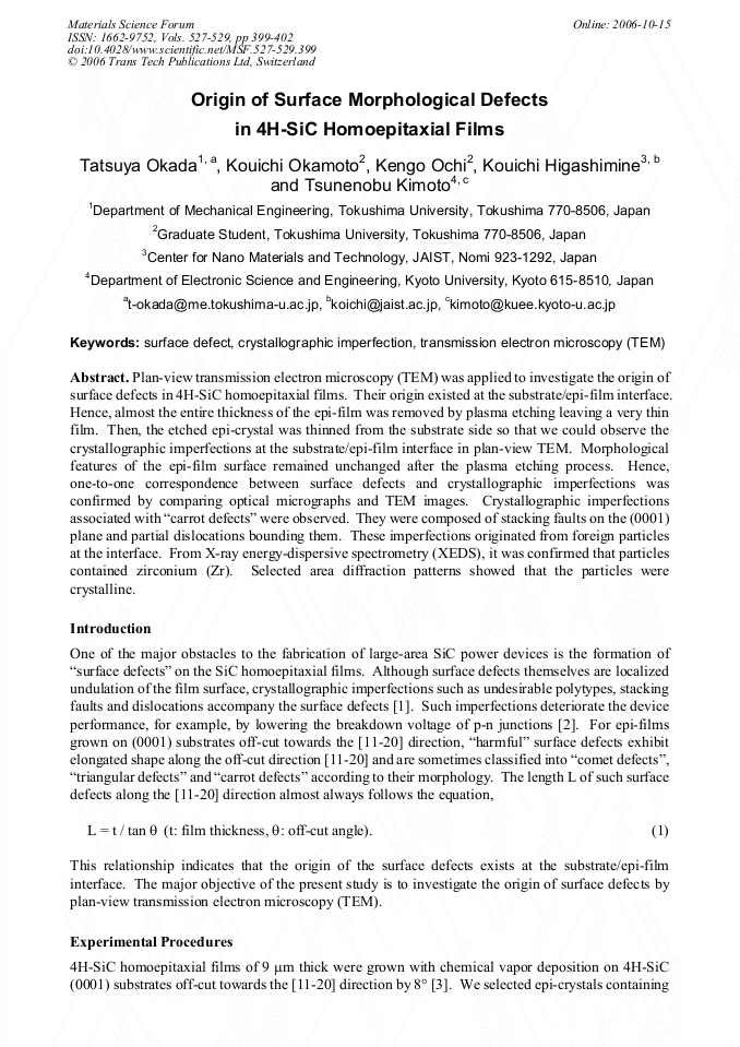 Origin of Surface Morphological Defects in 4H-SiC Homoepitaxial Films ...