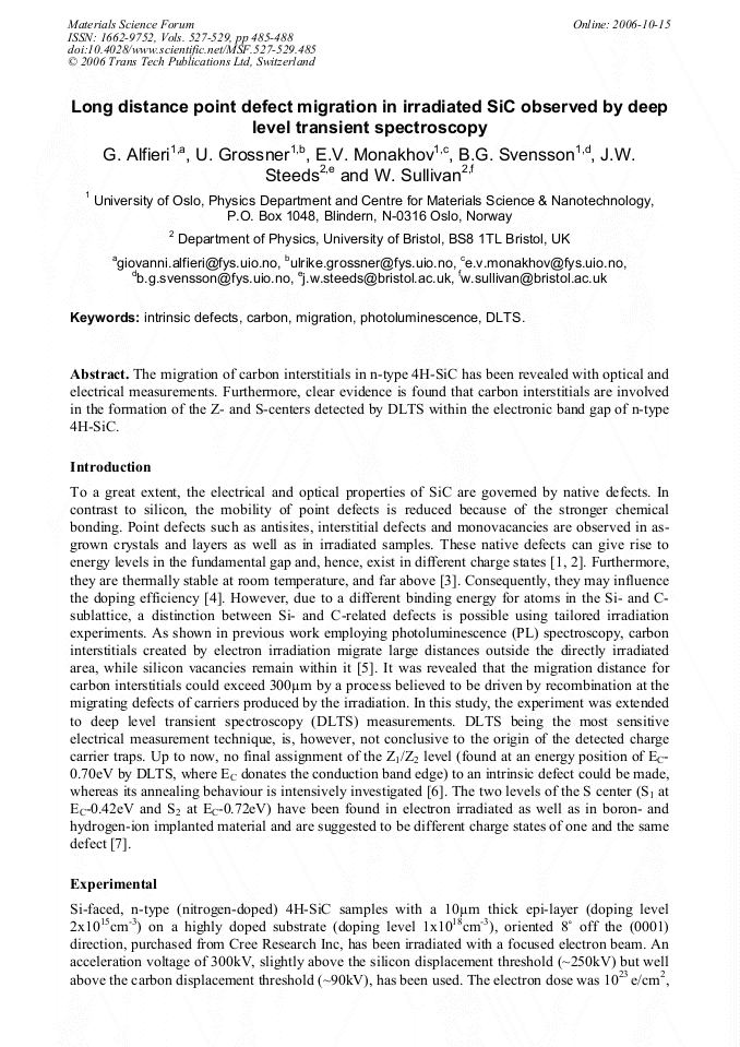 Long Distance Point Defect Migration in Irradiated SiC Observed by Deep ...