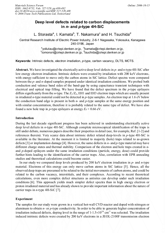 Deep Level Defects Related to Carbon Displacements in n- and p-Type 4H ...