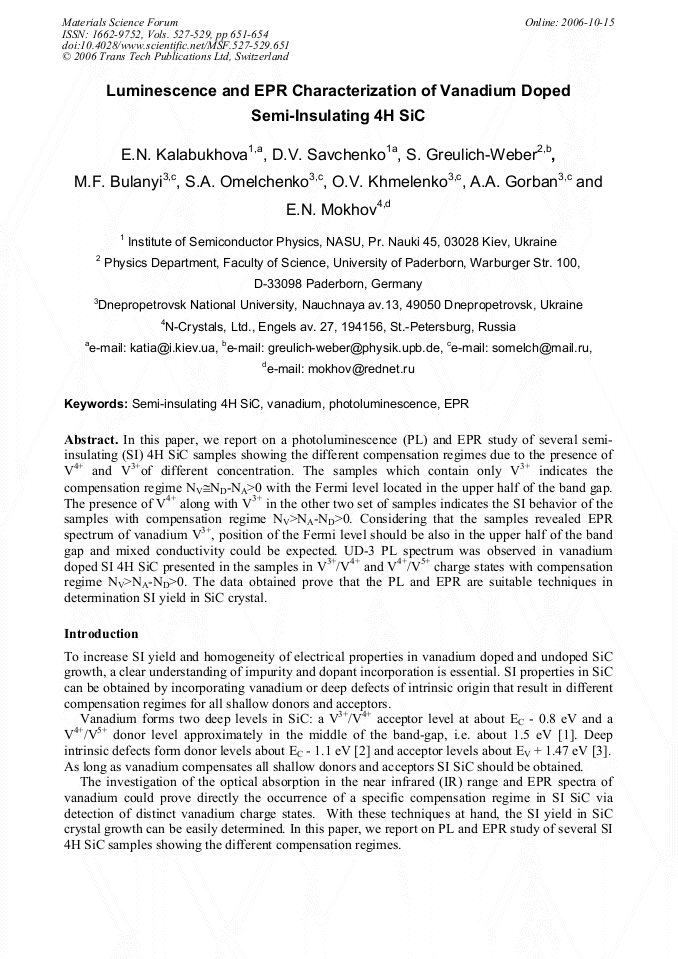 Luminescence and EPR Characterization of Vanadium Doped Semi-Insulating ...