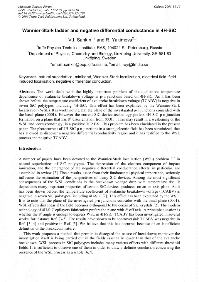 Wannier-Stark Ladder and Negative Differential Conductance in 4H-SiC ...