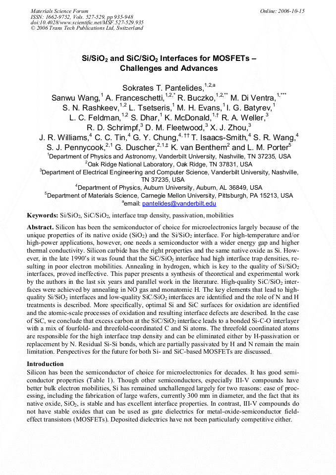 Si/SiO2 and SiC/SiO2 Interfaces for MOSFETs – Challenges and Advances ...