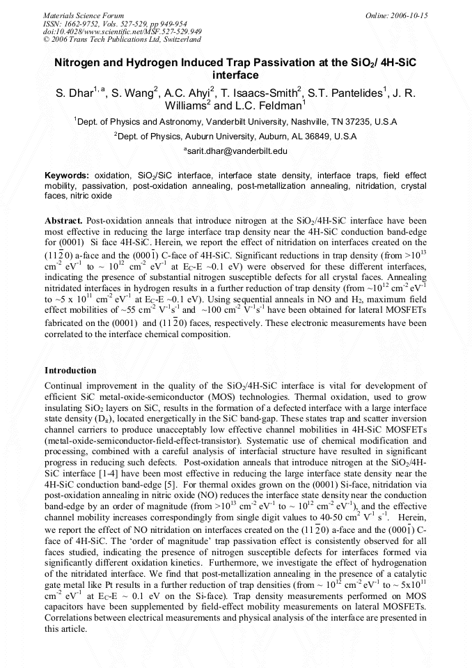 Nitrogen and Hydrogen Induced Trap Passivation at the SiO2/4H-SiC ...