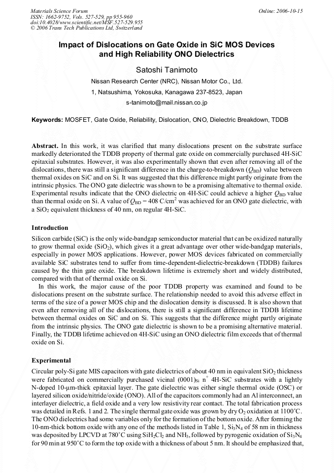 Impact of Dislocations on Gate Oxide in SiC MOS Devices and High ...