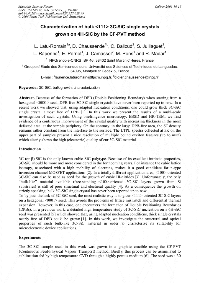 Characterization of Bulk 3C-SiC Single Crystals Grown on 4H-SiC by the CF-PVT Method ...