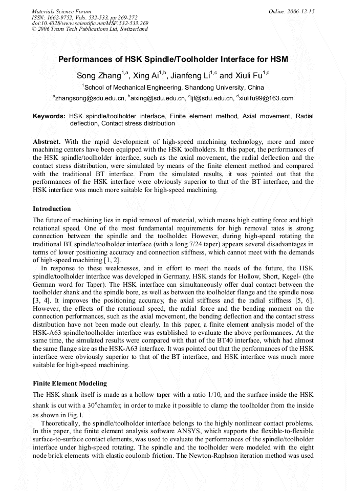 Performances of HSK Spindle/Toolholder Interface for HSM | Scientific.Net