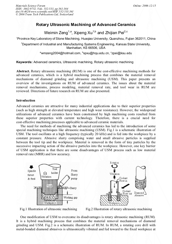 Rotary Ultrasonic Machining of Advanced Ceramics | Scientific.Net