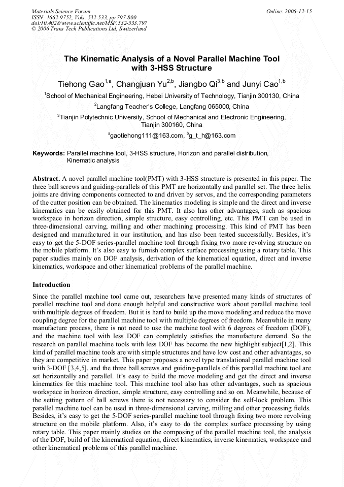 The Kinematic Analysis of a Novel Parallel Machine Tool with 3-HSS ...