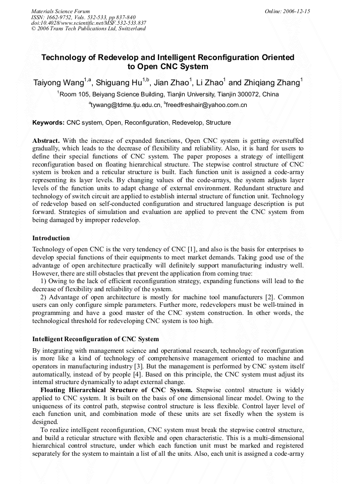Technology of Redevelop and Intelligent Reconfiguration Oriented to Open CNC System | Scientific.Net