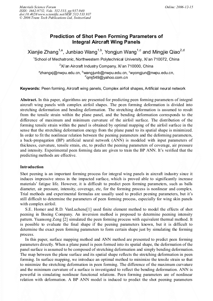 Prediction of Shot Peen Forming Parameters of Integral Aircraft Wing ...