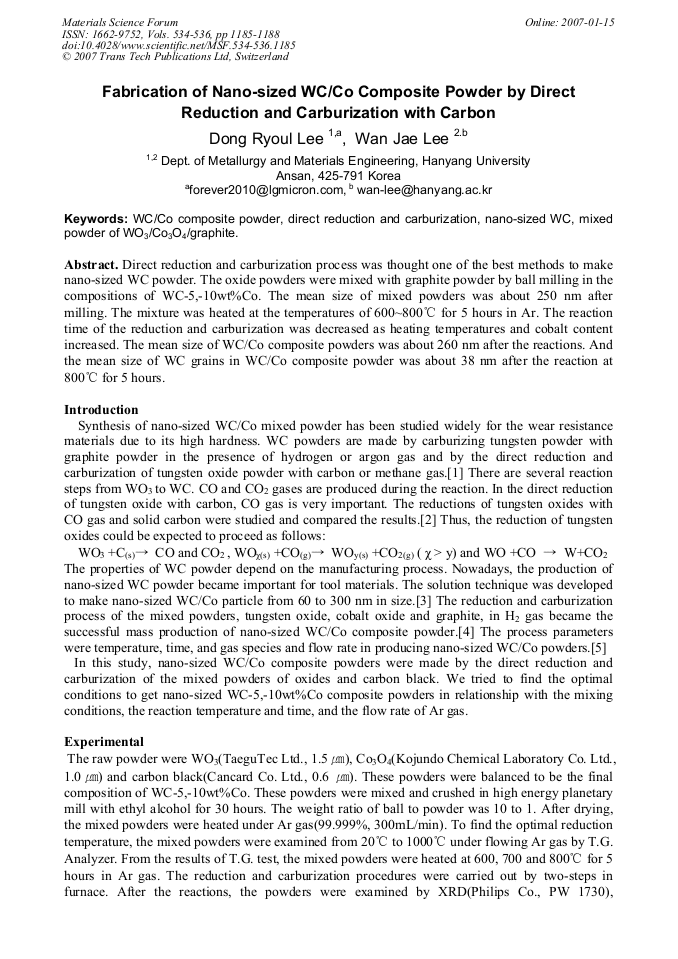 Fabrication of Nano-Sized WC/Co Composite Powder by Direct Reduction ...