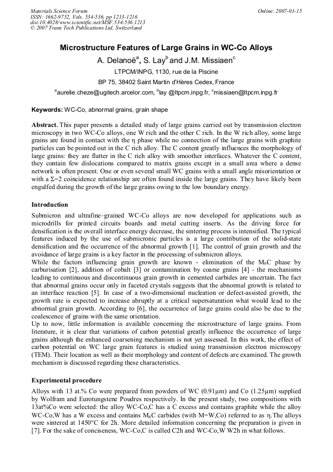 Microstructure Features of Large Grains in WC-Co Alloys | Scientific.Net