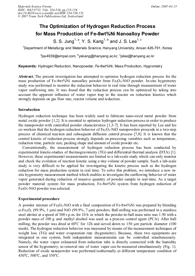 The Optimization of Hydrogen Reduction Process for Mass Production of ...