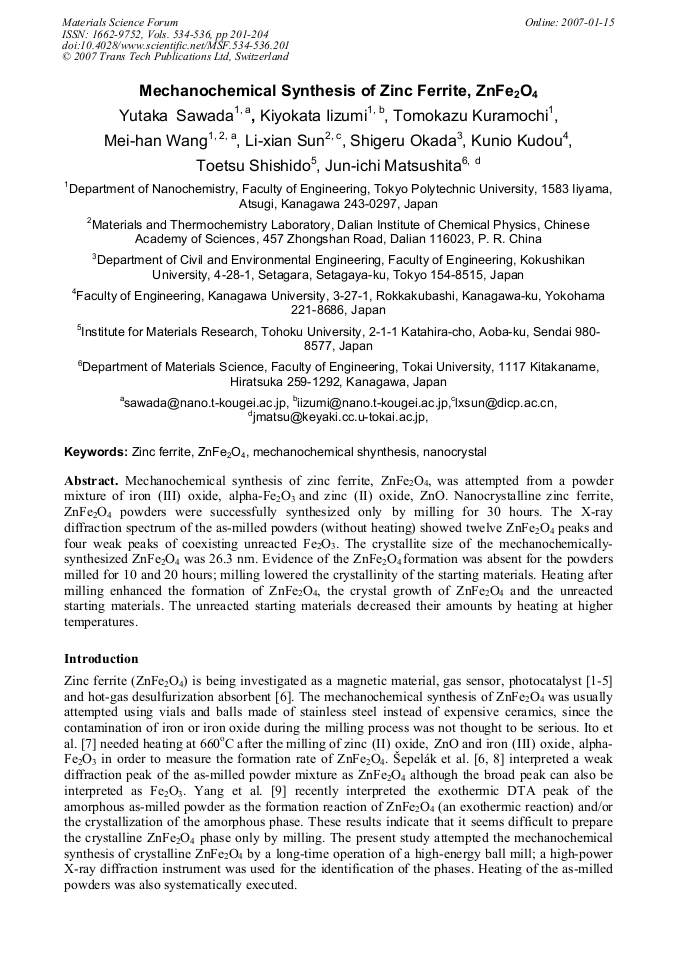 Mechanochemical Synthesis of Zinc Ferrite, ZnFe2O4 | Scientific.Net