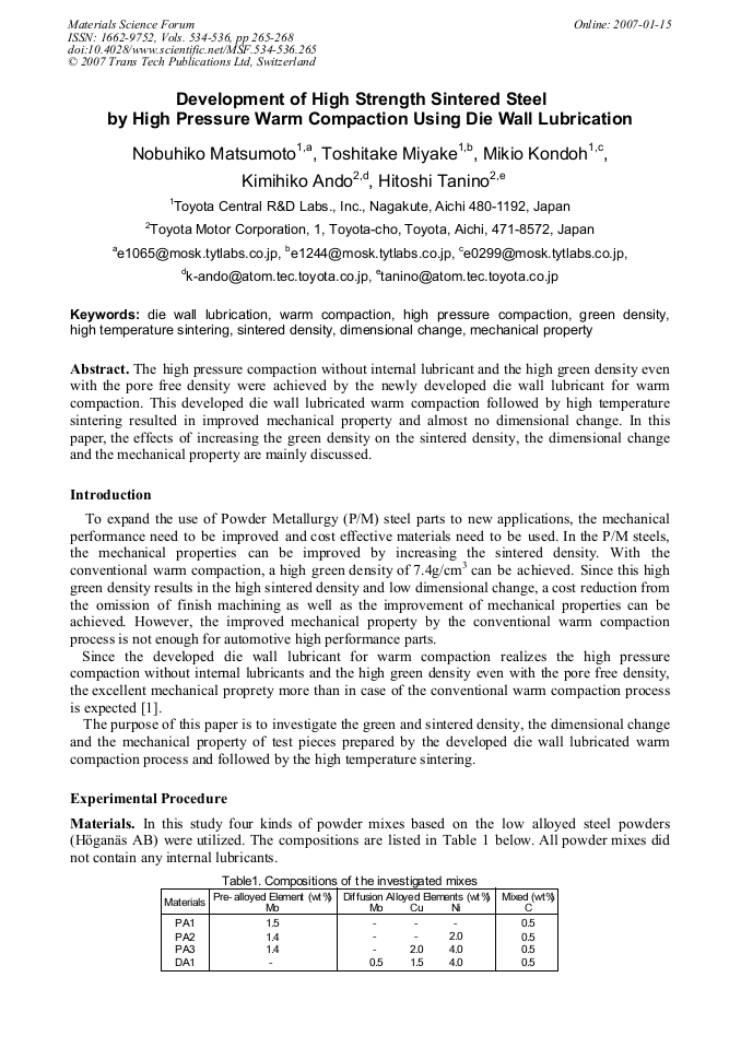 Development of High Strength Sintered Steel by High Pressure Warm ...