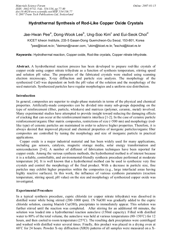Hydrothermal Synthesis of Rod-Like Copper Oxide Crystals | Scientific.Net